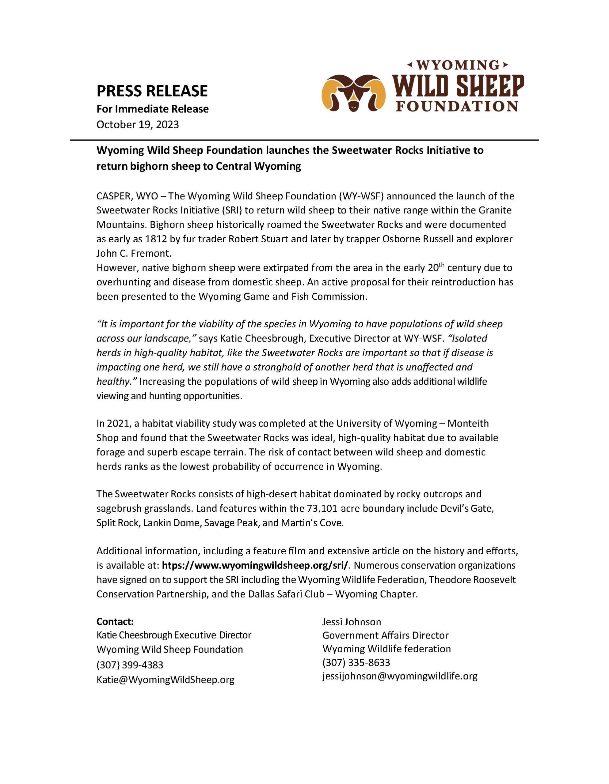 WY-WSF announces Sweetwater Rocks Initiative - Wyoming Wild Sheep Foundation